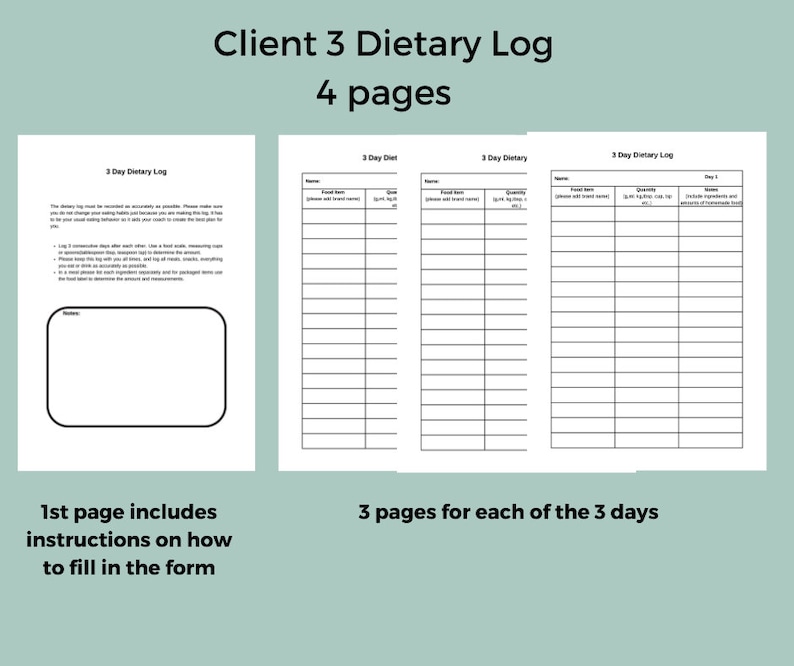 Client Intake Dietary Log, 3 Day Dietary Log, Personal Trainer,fitness ...