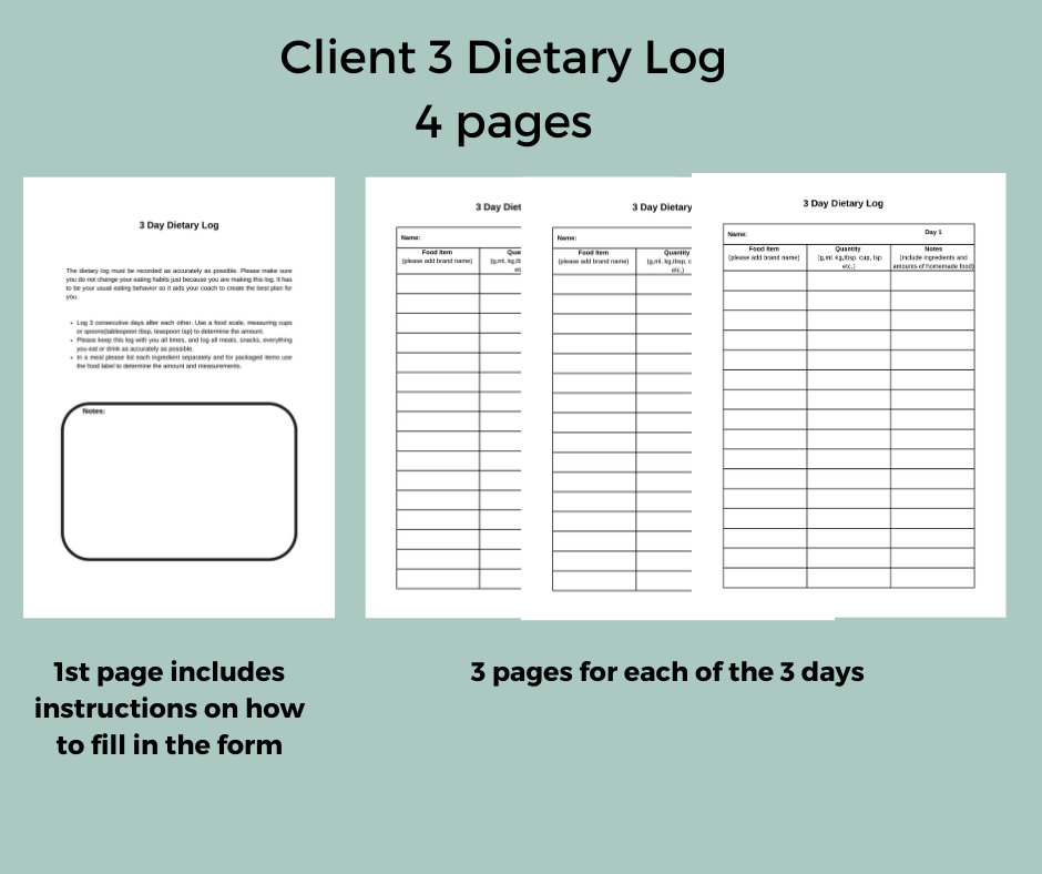 Client Intake Dietary Log, 3 Day Dietary Log, Personal Trainer,fitness ...