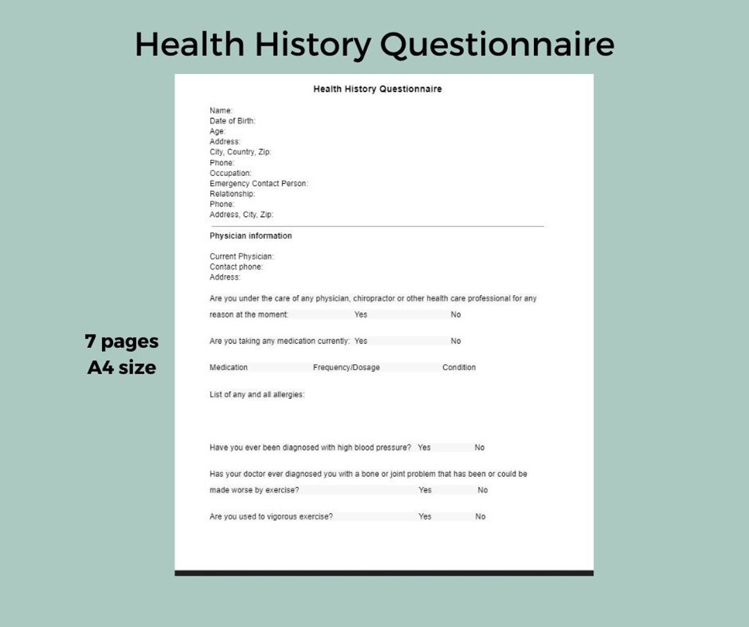 Client Intake Health History Questionnaire Personal Trainer ...