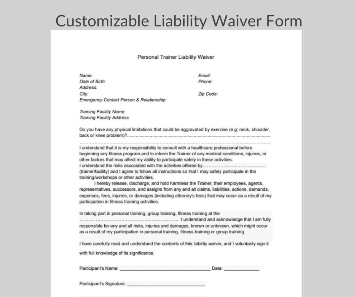 Customizable Liability Waiver Form, Personal Trainer Client Intake ...