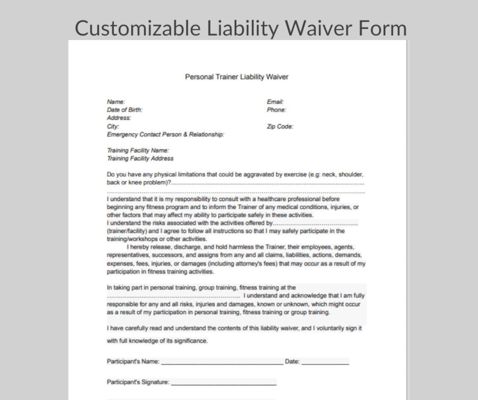 Customizable Liability Waiver Form, Personal Trainer Client Intake ...