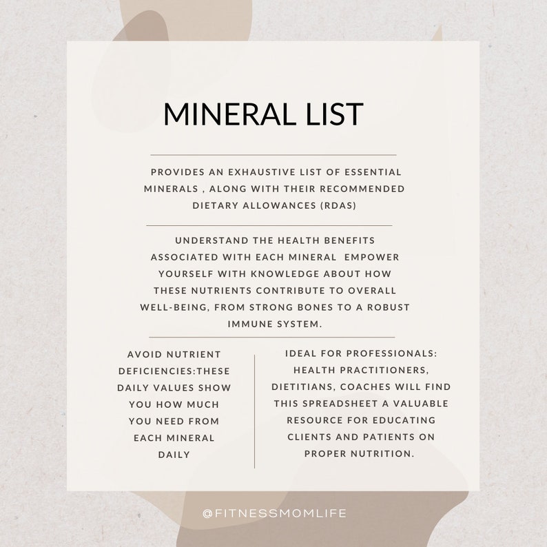 Mineral List With Food Sources, RDA and Benefits (PDF Download) - Etsy