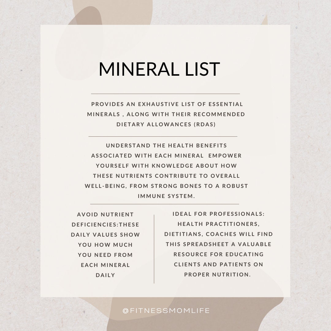 Mineral List With Food Sources and Daily Value, Nutrient Sheet ...