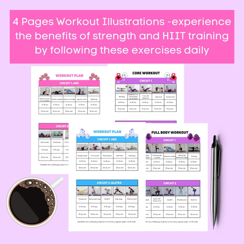 Full Body Workout Printable Bundle 4 Pages Strength And Hiit Workout Illustration Sheetsupper