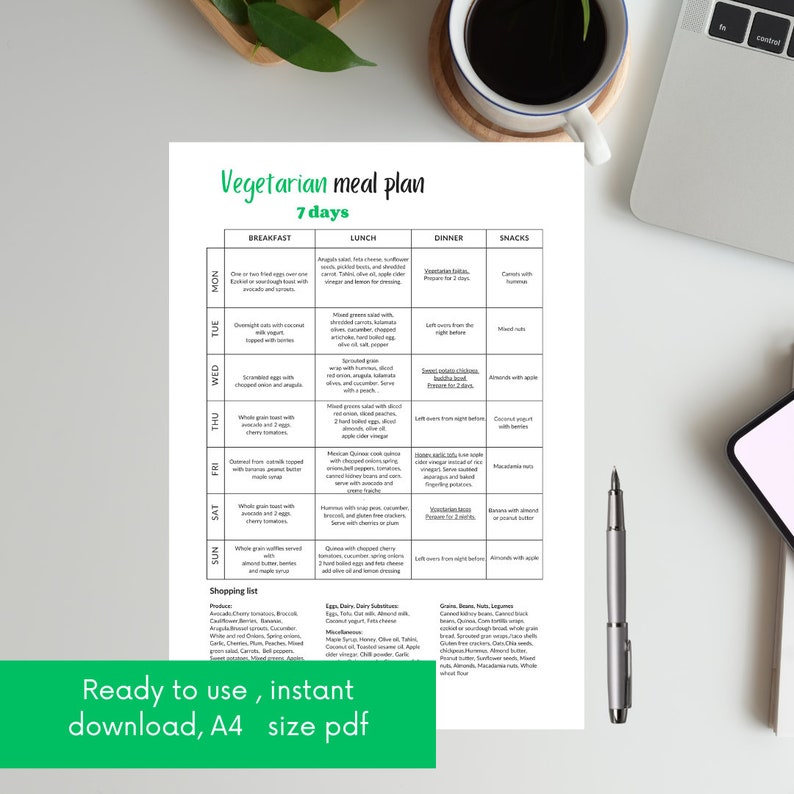 Easy 7 Days Vegetarian Meal Plan, At-a-glance Weekly Diet, Vegetarian ...
