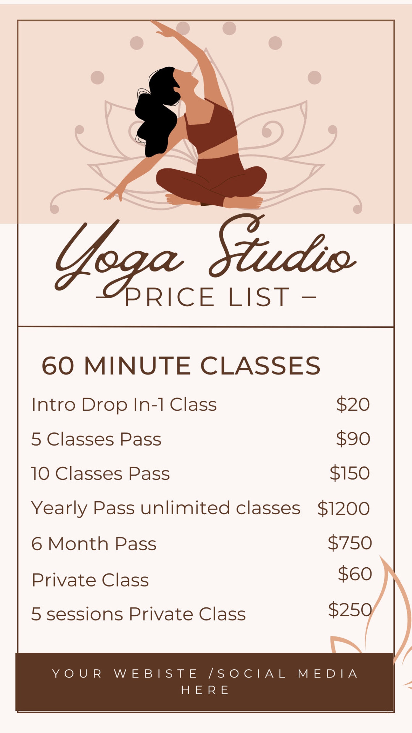 Yoga Studio Price List Template, Canva Yoga Intsructor Price List ...