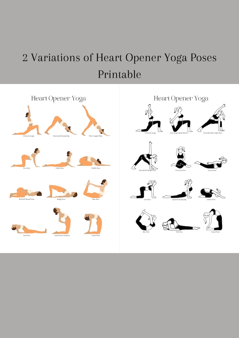 Chest Pain Relief Yoga, Heart Opener Yoga Stretches Printable, Set of 2 ...
