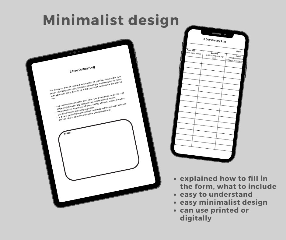Client Intake Dietary Log, 3 Day Dietary Log, Personal Trainer,fitness ...