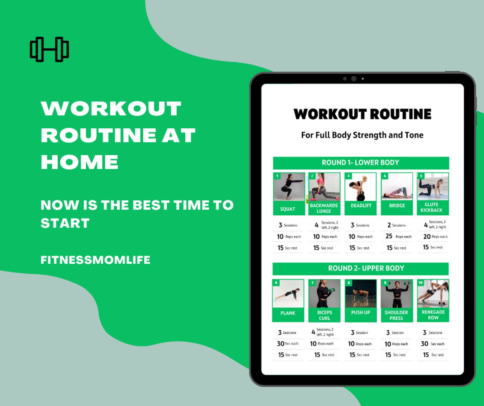 Full Body Home Workout Printable Bundle 4 Pages Daily Strength Training
