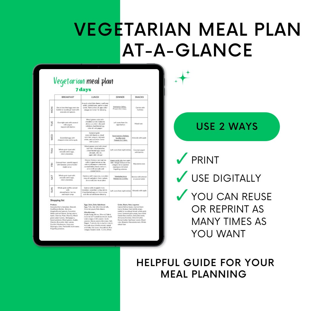 Easy 7 Days Vegetarian Meal Plan, At-a-glance Weekly Diet, Vegetarian ...