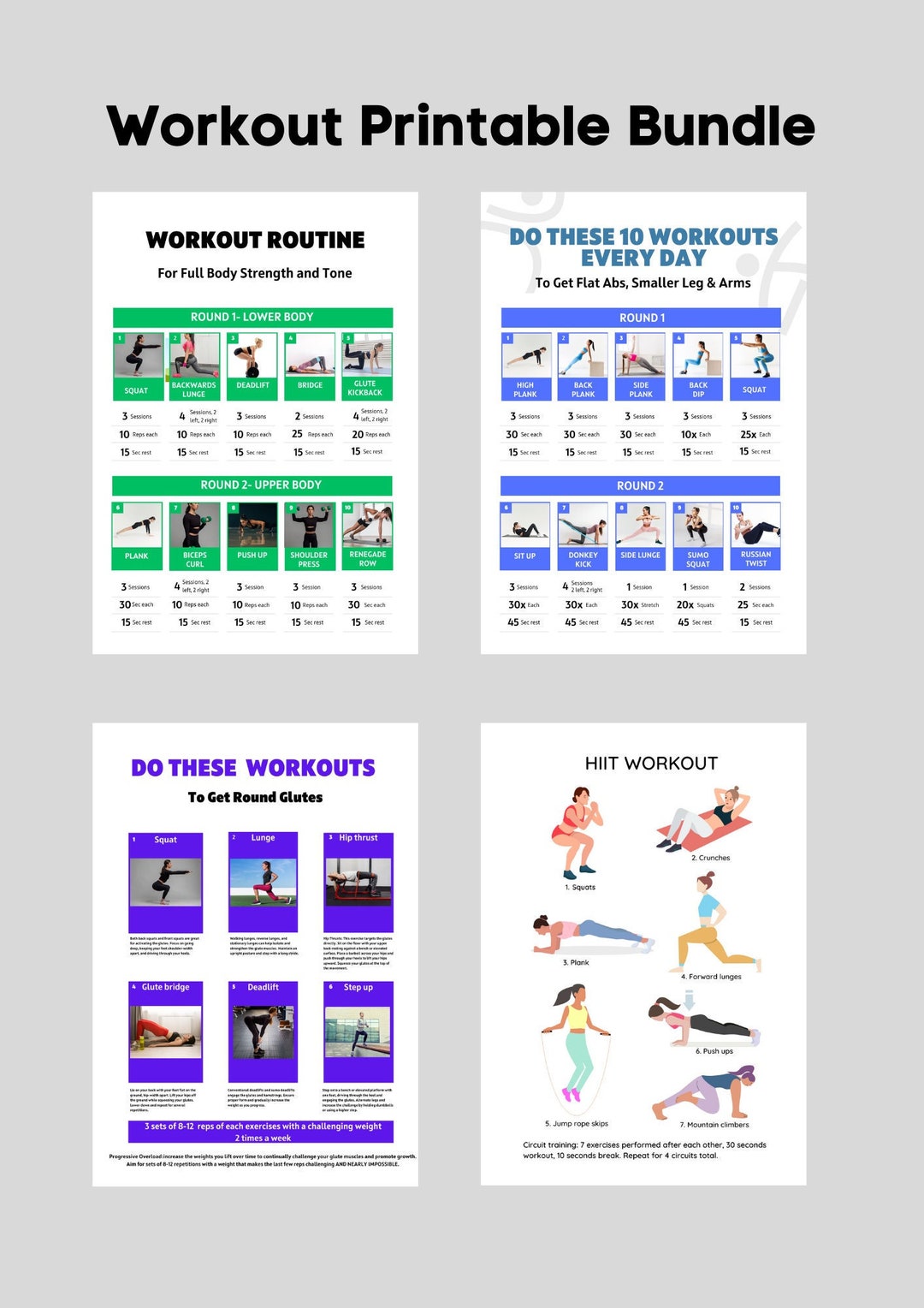 Full Body Home Workout Printable Bundle 4 Pages,daily Strength Training ...