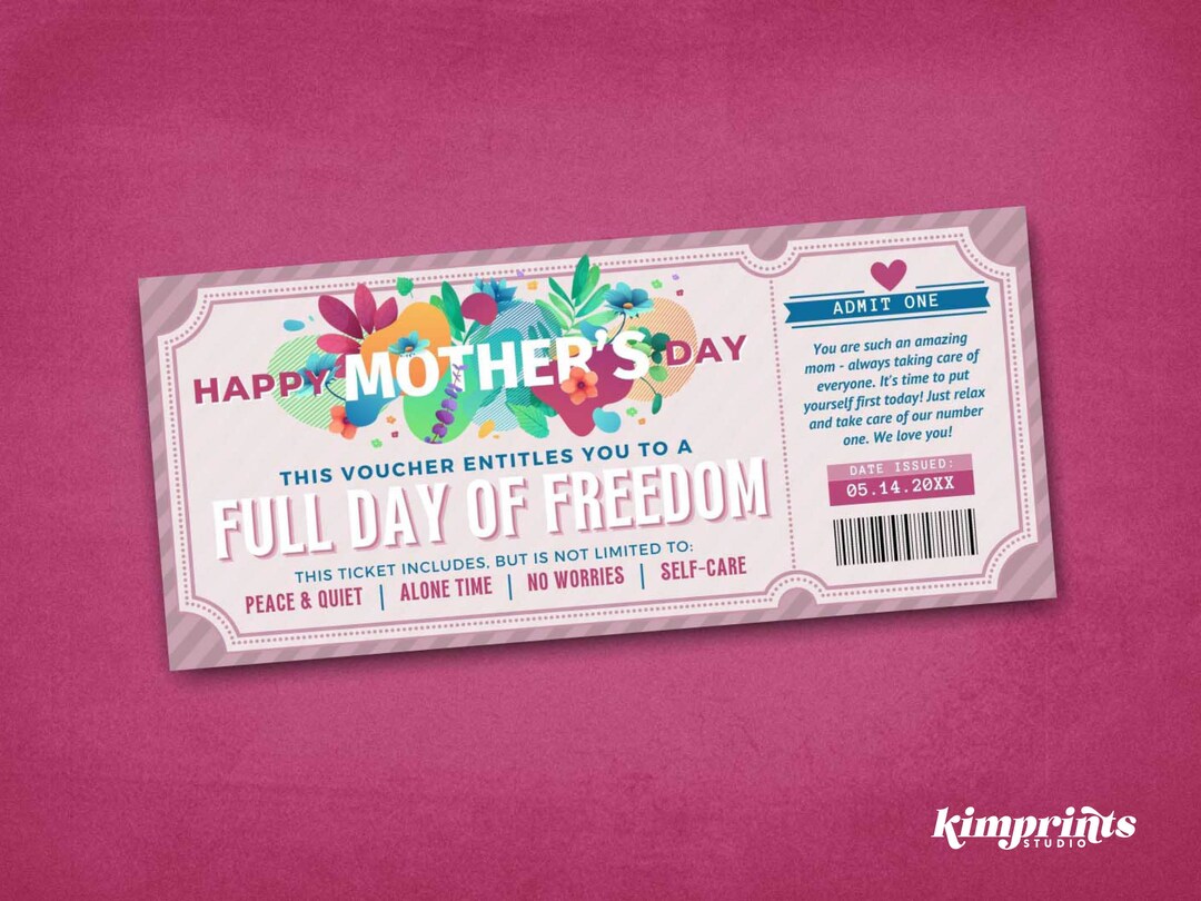 Mother's Day Freedom Ticket Template, Unique Mother's Day Gift ...