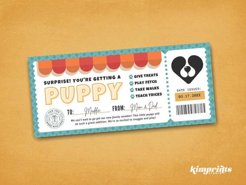 New Puppy Gift Certificate Surprise Puppy Ticket Template - Etsy