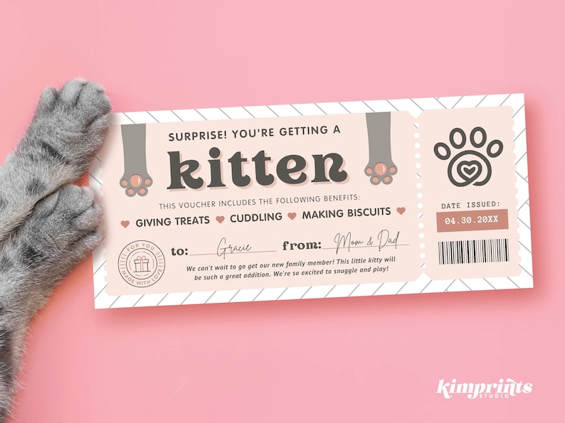 New Kitten Gift Certificate Surprise Kitten Ticket Template - Etsy