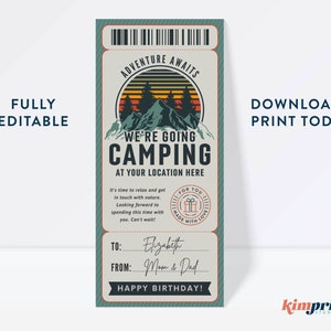 Camping Ticket Template, Camping Gift Certificate, Outdoor Adventure ...