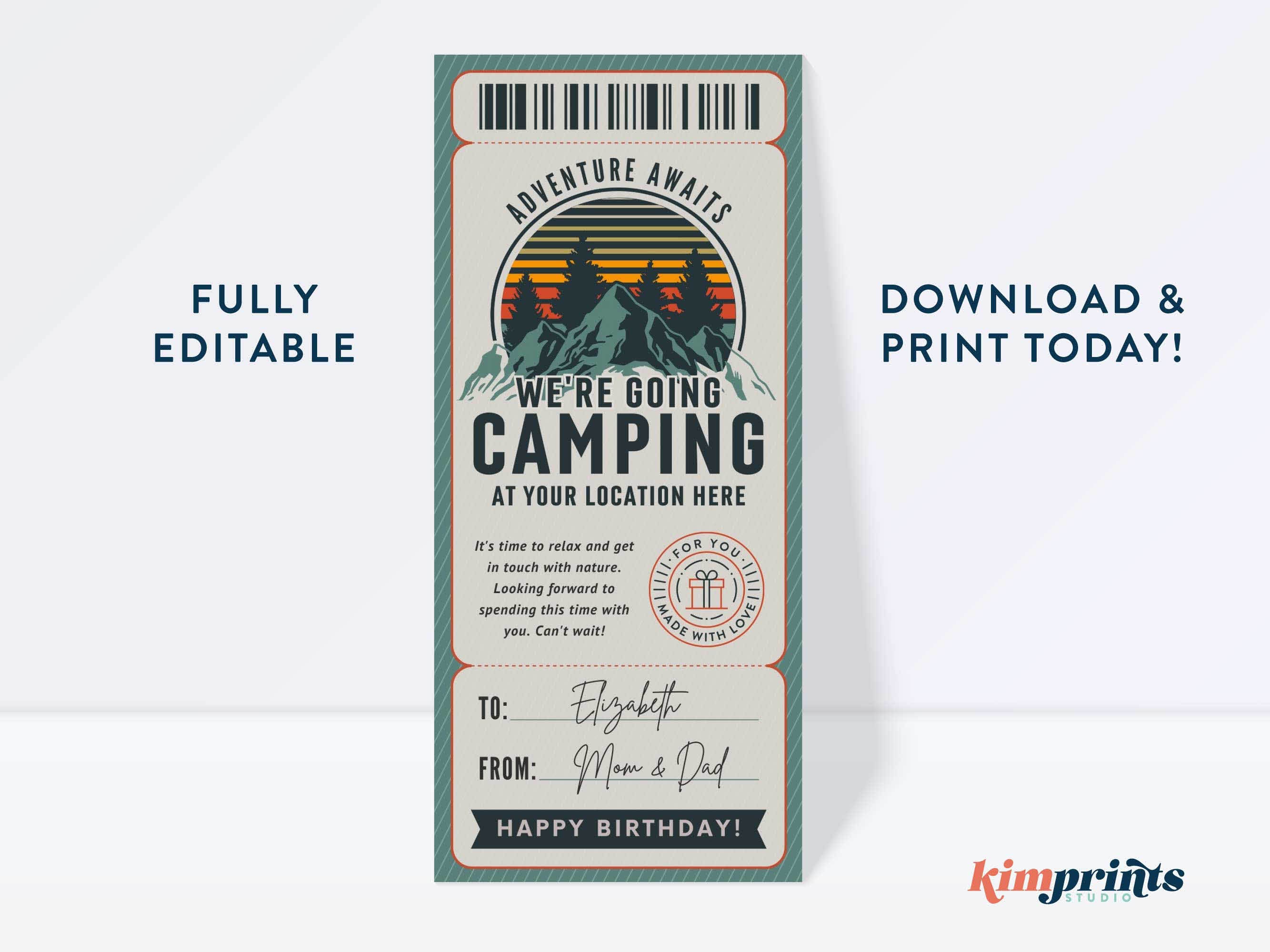 Camping Ticket Template, Camping Gift Certificate, Outdoor Adventure ...