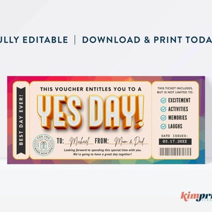 Yes Day Ticket, Kids Best Day Ever Souvenir, Yes Day Gift Certificate ...
