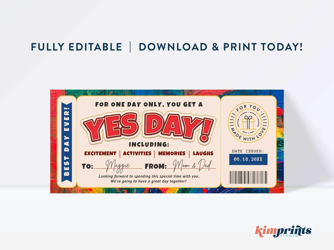 Yes Day Ticket, Kids Best Day Ever Souvenir, Yes Day Gift Certificate ...