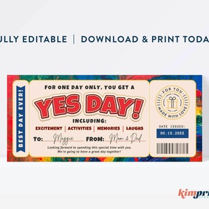 Yes Day Ticket, Kids Best Day Ever Souvenir, Yes Day Gift Certificate ...