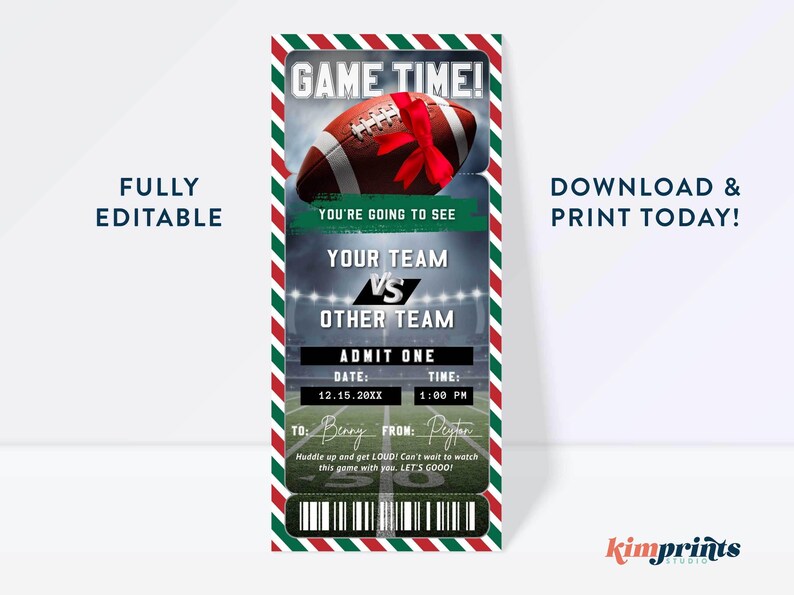 Football Ticket Template, Football Christmas Gift Certificate, Editable ...