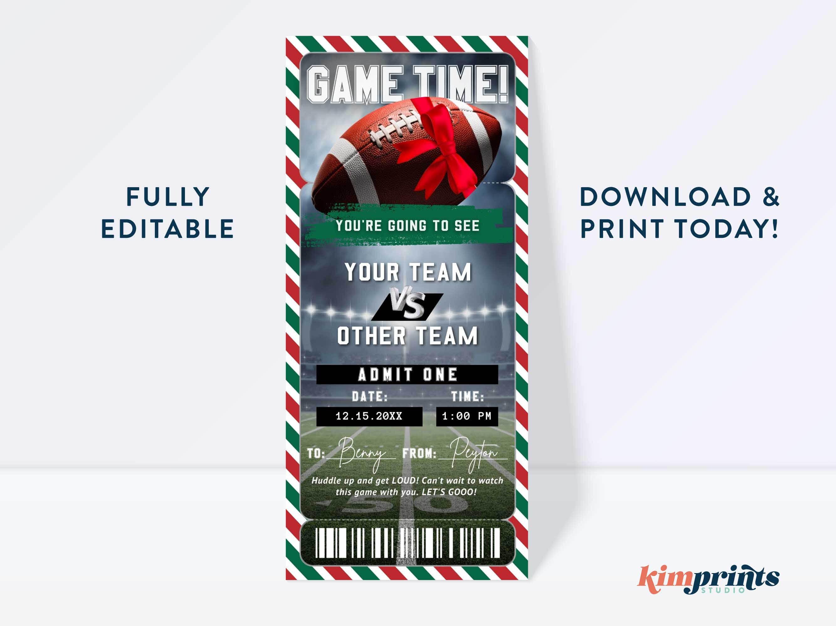 Football Ticket Template, Football Christmas Gift Certificate, Editable ...
