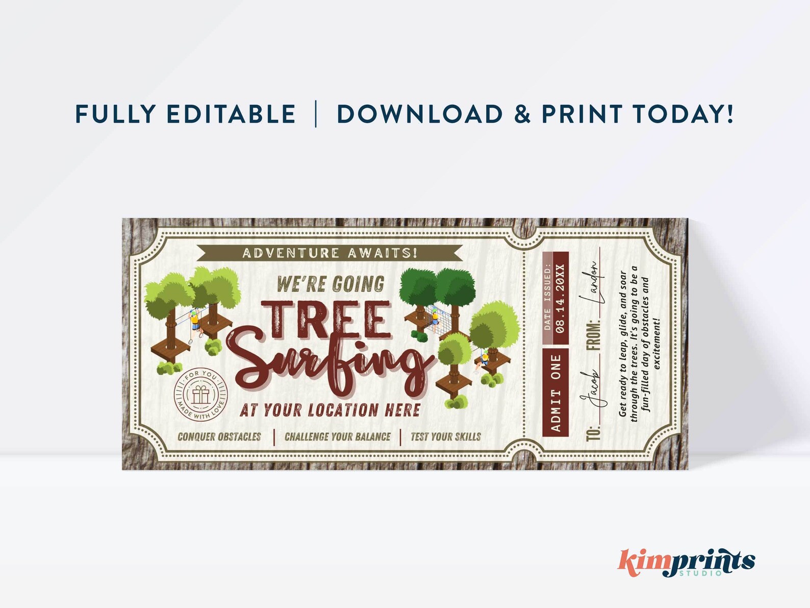 Tree Surfing Ticket Template Ropes Course Park Experience - Etsy