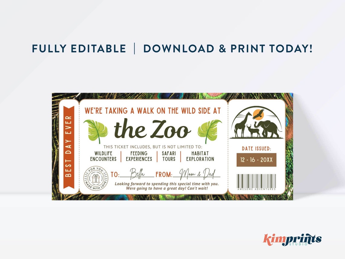 Zoo Trip Ticket Template Wild Life Gift Certificate Surprise - Etsy