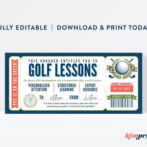 Golf Lessons Ticket Template, Golfing Gift Idea, Class to Improve Golf ...
