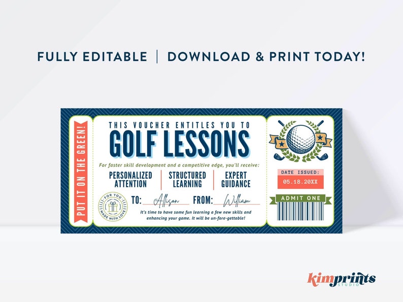 Golf Lessons Ticket Template, Golfing Gift Idea, Class to Improve Golf ...