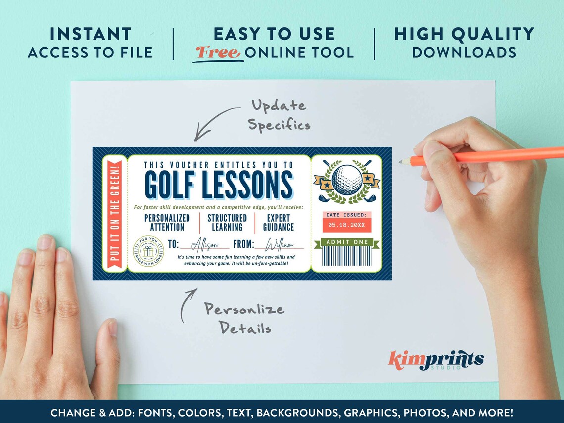 Golf Lessons Ticket Template, Golfing Gift Idea, Class to Improve Golf ...