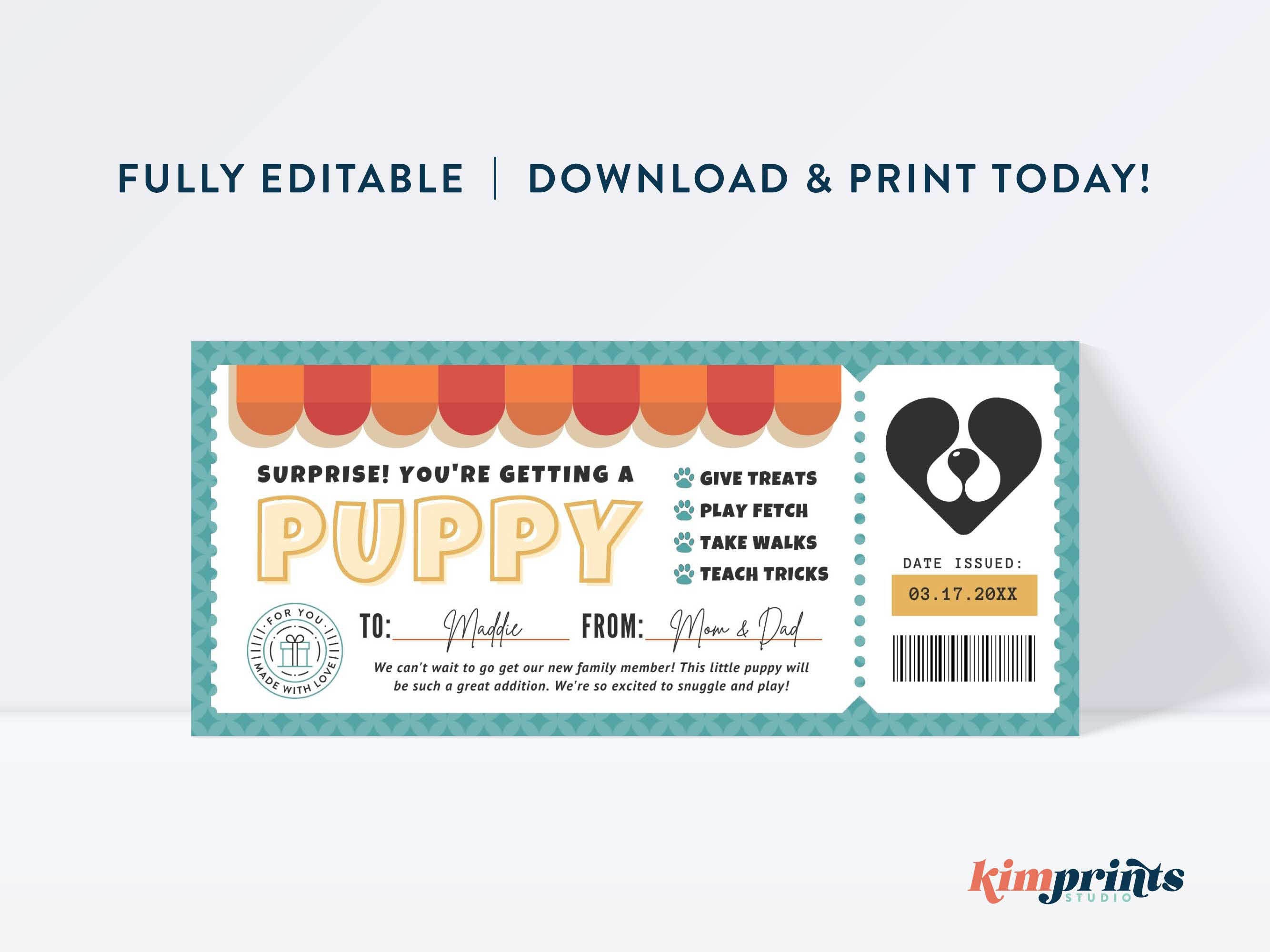 New Puppy Gift Certificate, Surprise Puppy Ticket Template, Printable ...