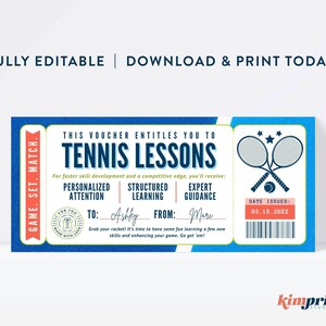 Tennis Lessons Ticket Template, Tennis Gift Idea, Class to Improve ...