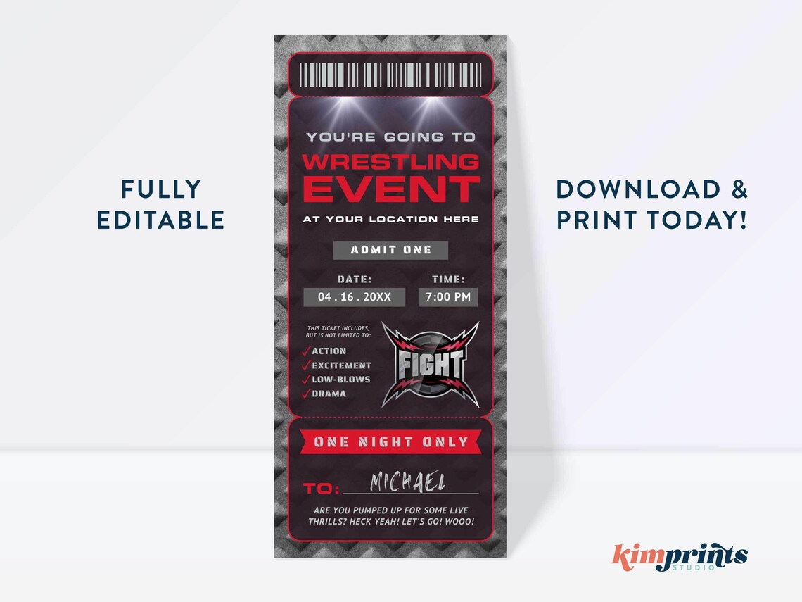Wrestling Ticket Template, Boxing Ticket Stub, Custom Wrestling Gift ...