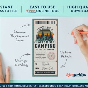 Camping Ticket Template, Camping Gift Certificate, Outdoor Adventure ...