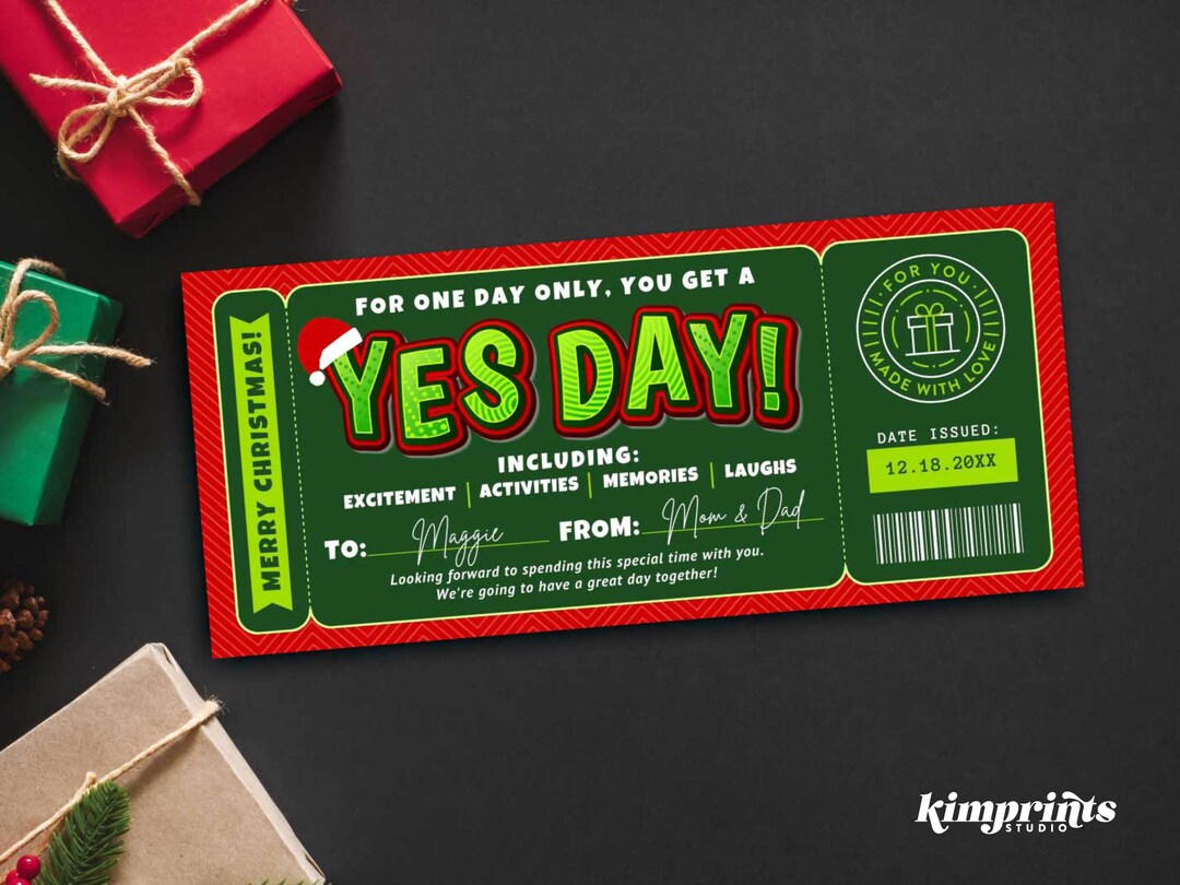 Yes Day Ticket, Kids Best Day Ever Gift Idea, Yes Day Christmas Gift ...