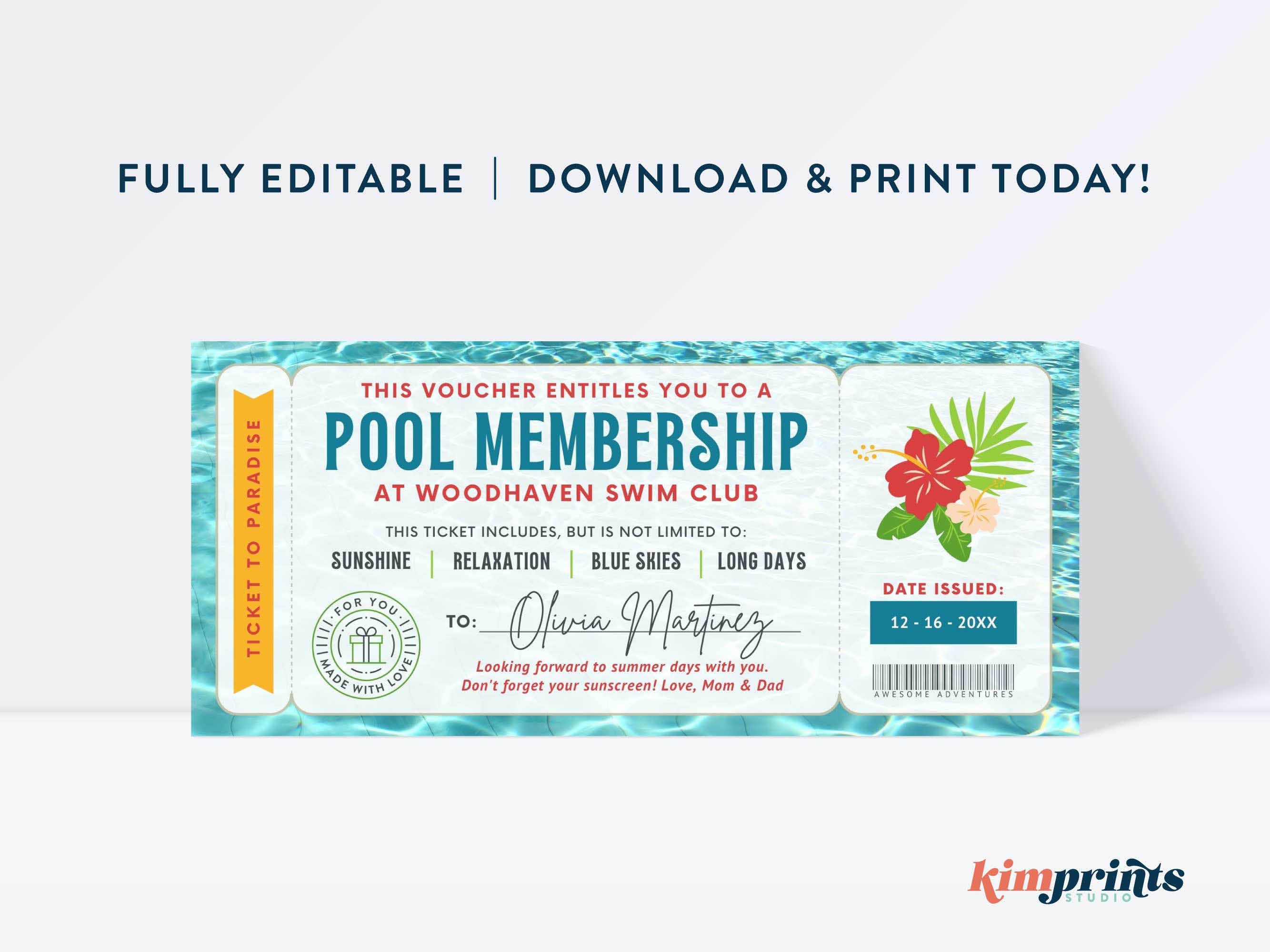 Pool Membership Template, Swim Club Season Pass, Printable Swimming ...