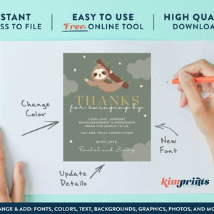 Sloth Theme Thank You Card for Baby Shower, Customizable, Printable ...