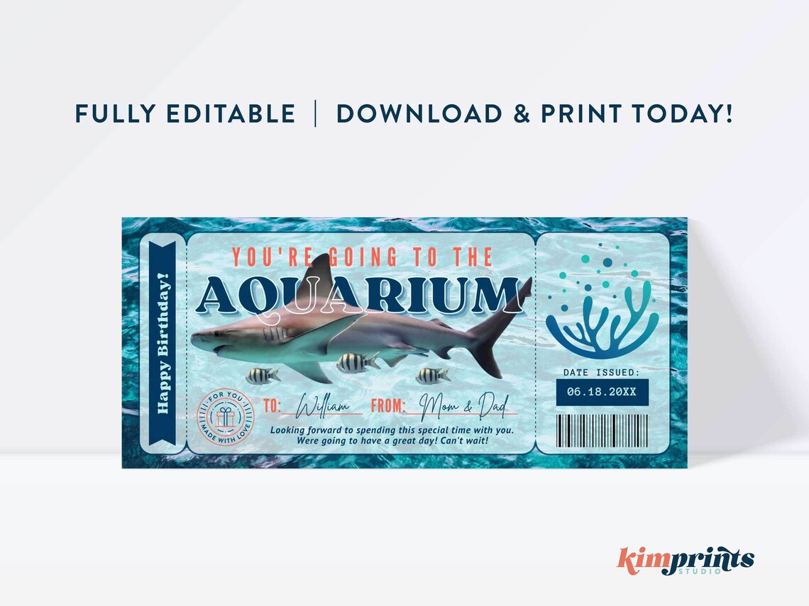 Aquarium Ticket Template, Shark Gift Certificate, Surprise Aquarium ...