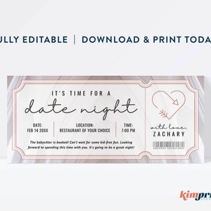 Date Night Ticket Template, Couples Fun Experience Gift Certificate ...