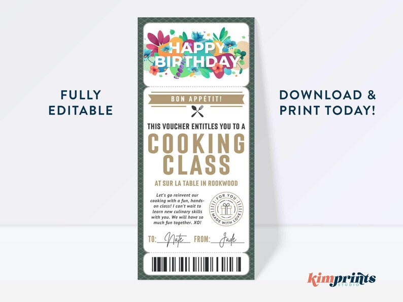 Cooking Class Ticket Template, Birthday Culinary Gift Idea, Cooking ...