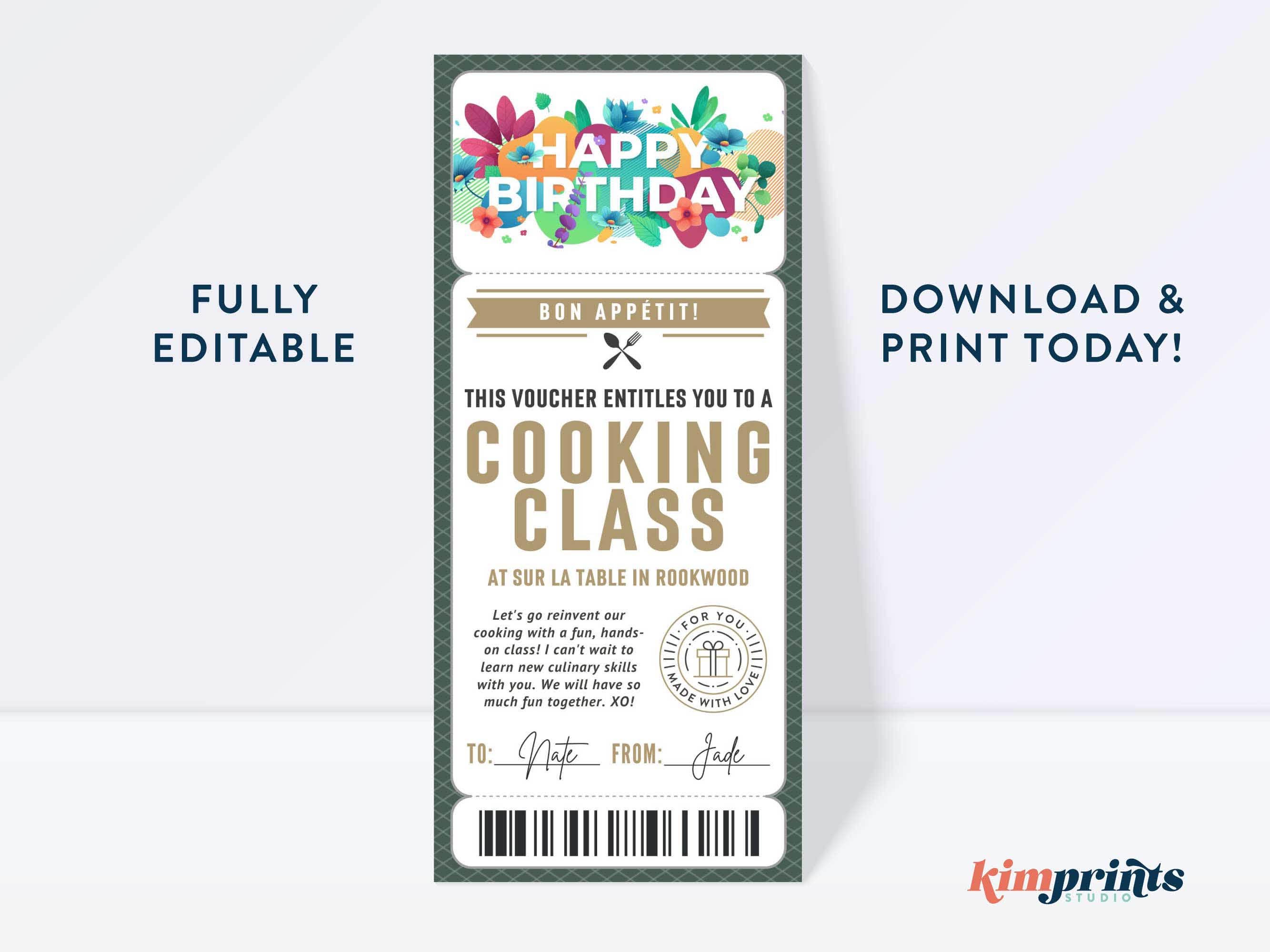 Cooking Class Ticket Template, Birthday Culinary Gift Idea, Cooking ...