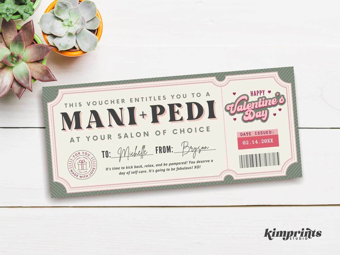 Mani Pedi Ticket Template, Valentines Day Nail Salon Gift Certificate ...
