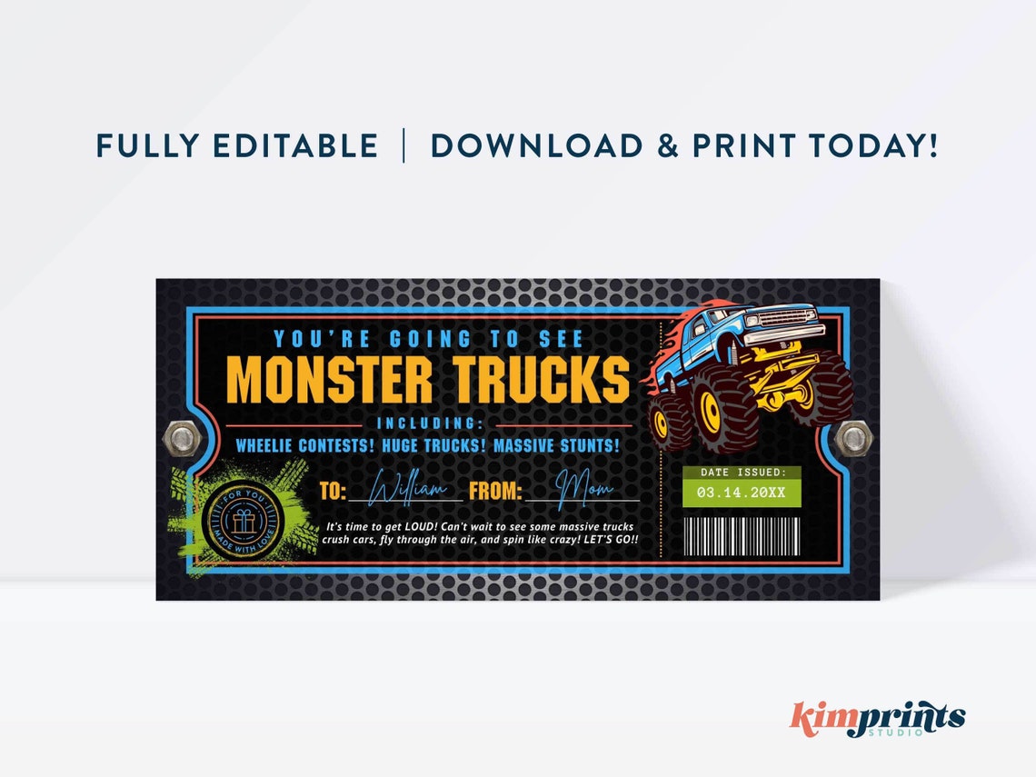 Monster Truck Show Ticket, Monster Truck Gift Idea, Surprise Monster ...