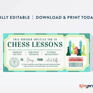 Chess Lessons Ticket Template, Chess Gift Idea, Chess Board Game Class ...