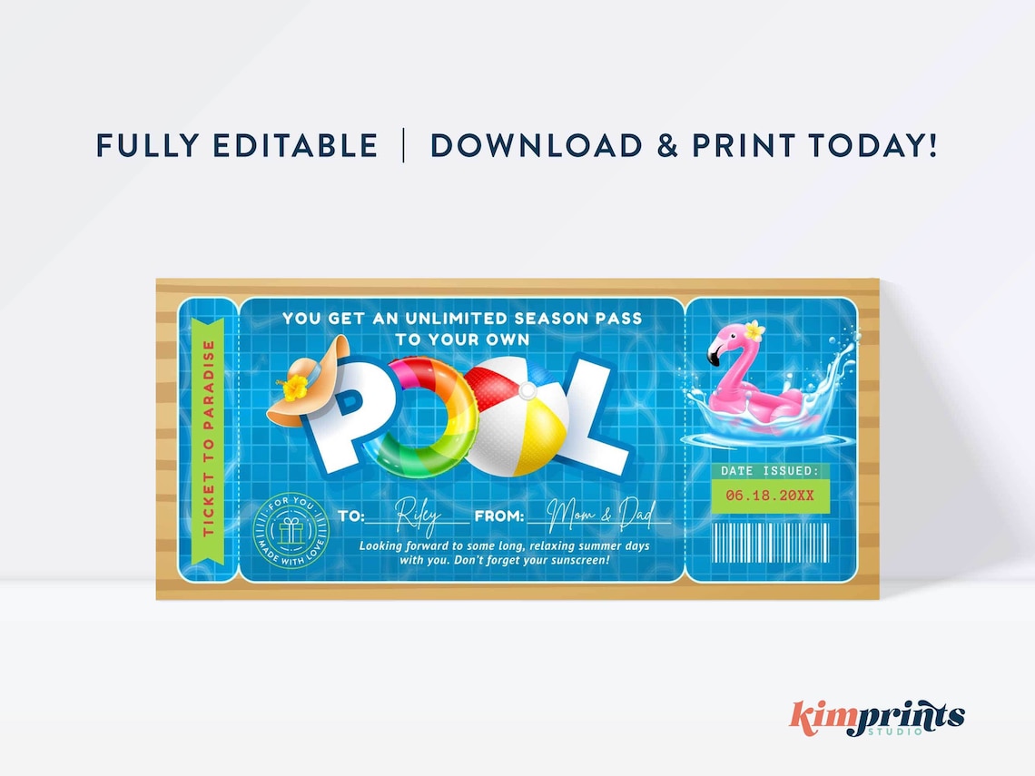 Swimming Pool Certificate Template, Swim Club Season Pass, Printable ...