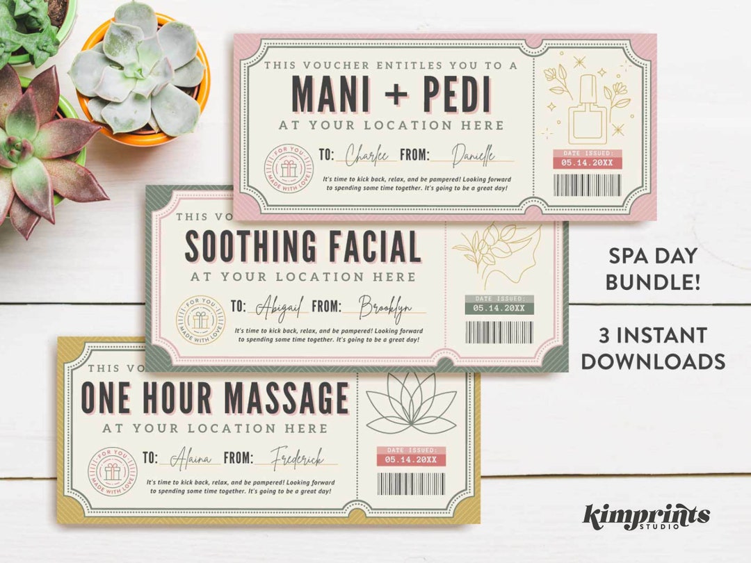 Spa Day Bundle Certificates, Spa Gift Idea, Surprise Spa Day Printable ...