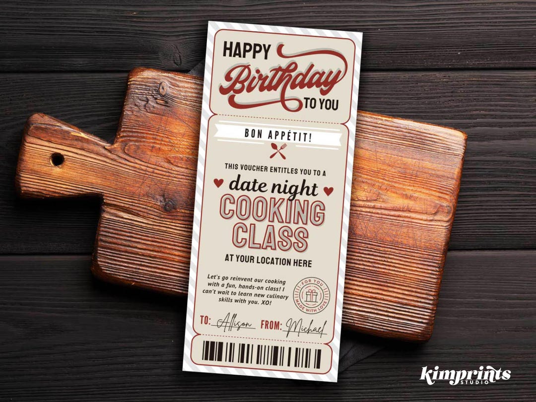 Cooking Class Ticket Template, Birthday Date Night Gift Idea, Birthday ...