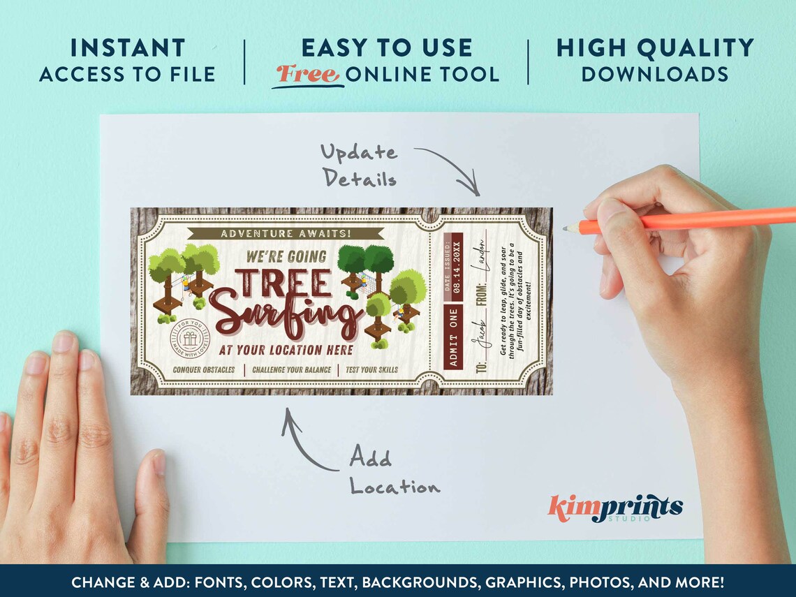 Tree Surfing Ticket Template, Ropes Course Park Experience Gift ...