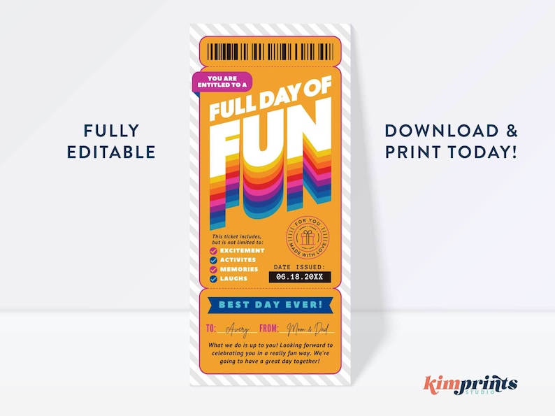 Fun Day Ticket Template Yes Day Souvenir Kids Special - Etsy