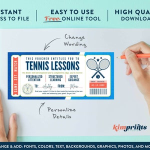 Tennis Lessons Ticket Template, Tennis Gift Idea, Class to Improve ...